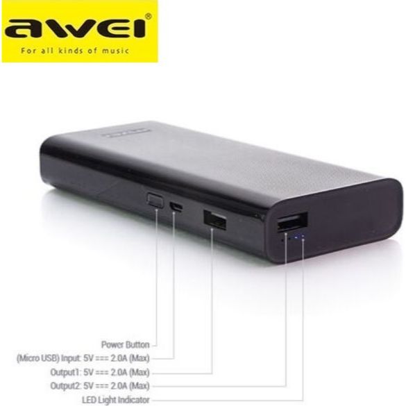 Power Bank Awei P77K Φορητός Φορτιστής High Capacity 12000mAh, σε μαύρο ...