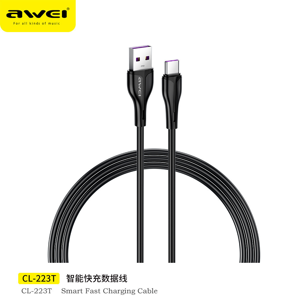 Awei CL-223T USB 2.0 Cable USB-C male - USB-A male Μαύρο 1m | G for Gadget