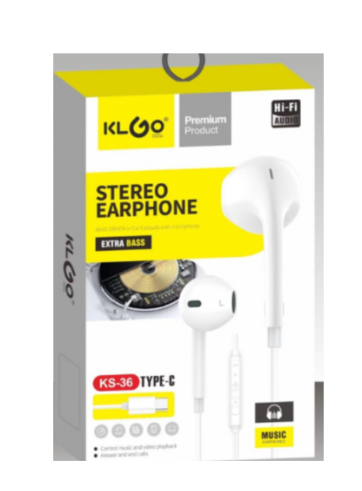 Ακουστικά Stereo Earphone Extra Bass με βύσμα USB-C KLGO KS-36 σε Λευκό Χρώμα | G for Gadget